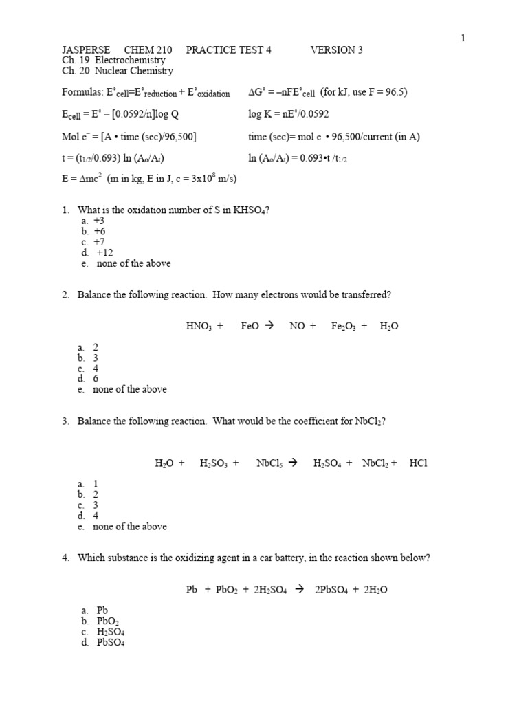 T3 Practice Test Electrochemistry - & Nuclear Chemistry | PDF ...