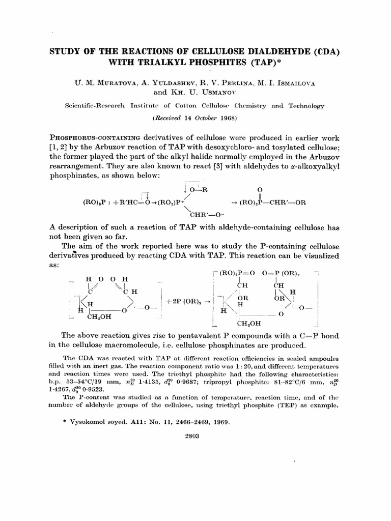 Cellulose Dialdehyde and Trialkyl Phosphites Reactions | PDF | Ester ...