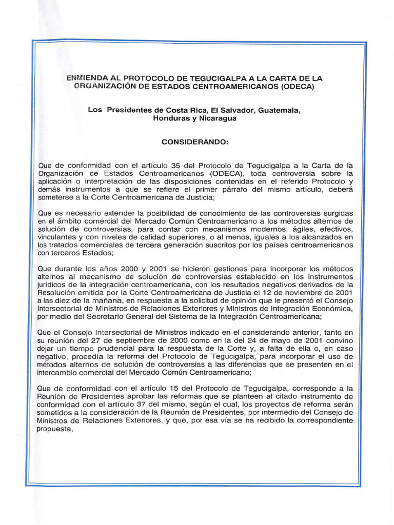 Enmienda al Protocolo de Tegucigalpa a la Carta de la Organizacion de ...