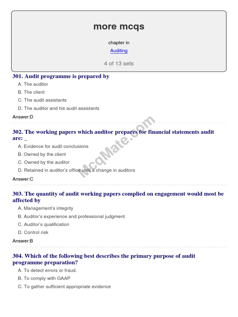 Mcqs Auditing | PDF | Financial Audit | Audit