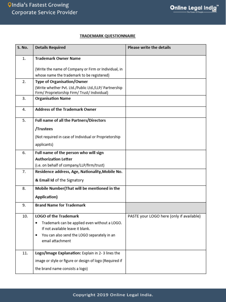 Blank TM Questionnaire | PDF | Trademark | Logos