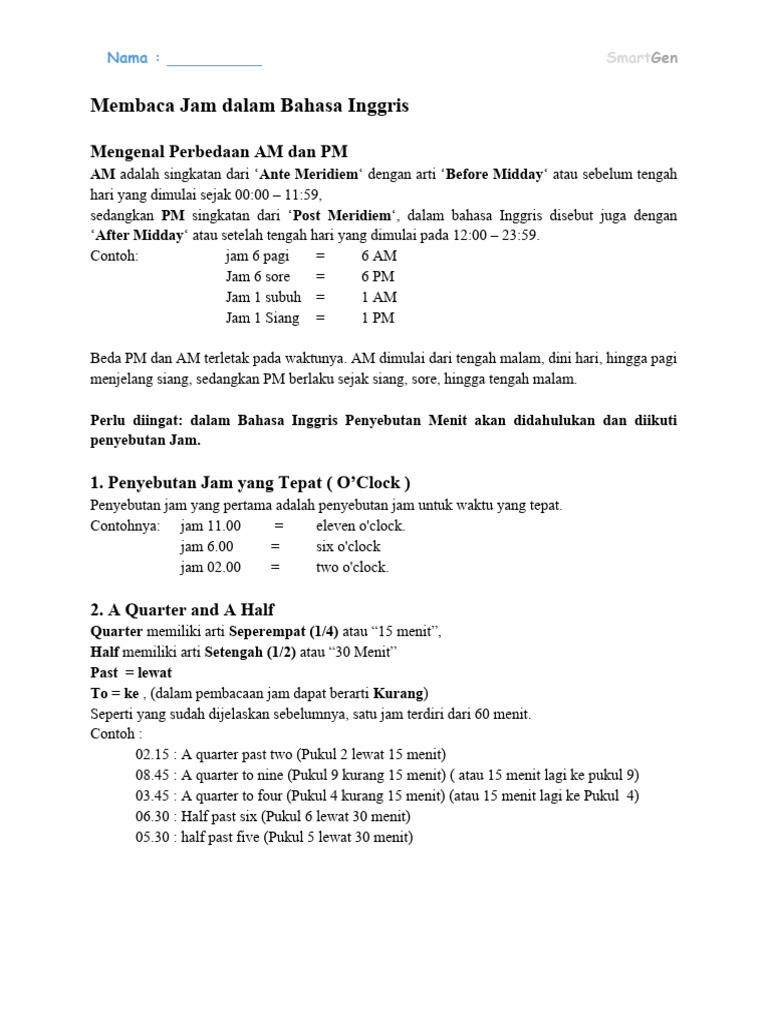 Cara membaca jam | PDF