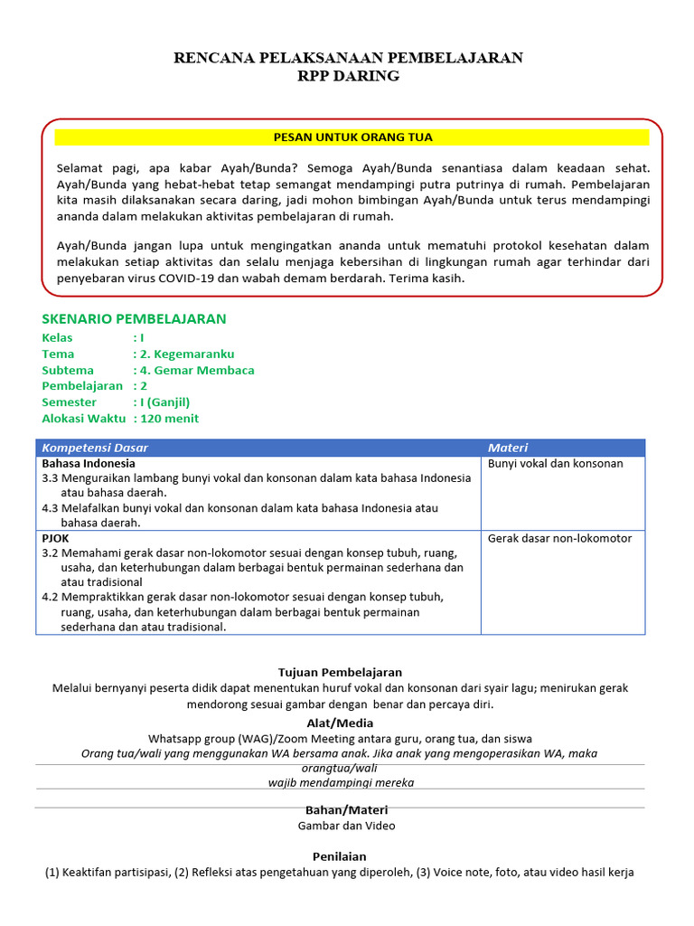 RPP KELAS 1, Selasa, 15 September 2020 | PDF | Pengembangan Diri