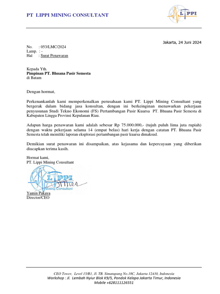 Surat Penawaran Penyusunan FS PT - Bps | PDF | Bisnis | Hukum