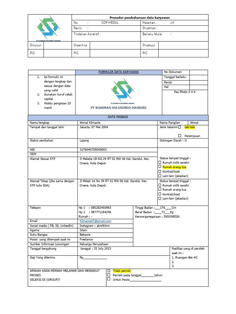 Form Pembaharuan Data Karyawan Akmal | PDF