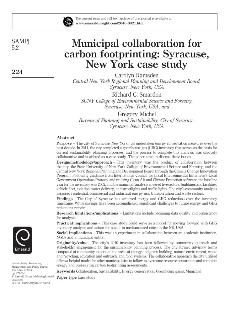 Artigo - RAMSDEM, Carolyn. Municipal Collaboration For Carbon Footprinting - Syracuse, New York ...
