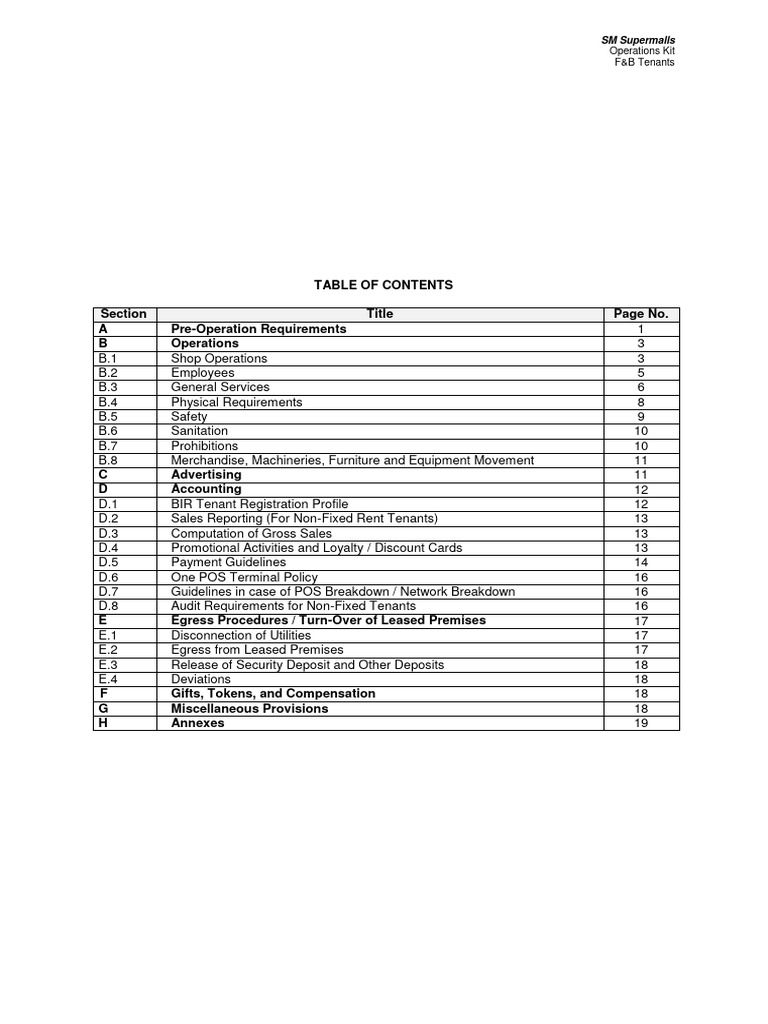 Operations Kit Table of Contents | PDF | Lease