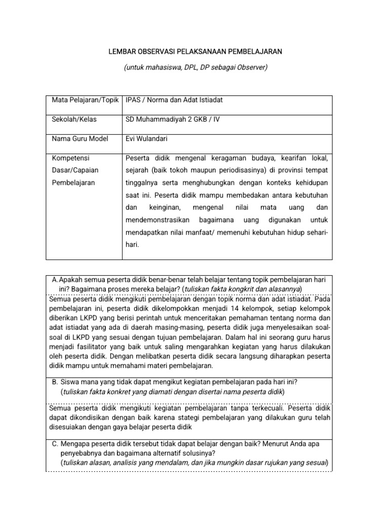 Siklus 3 - Lembar - Observasi - Pelaksanaan - Pembelajaran | PDF