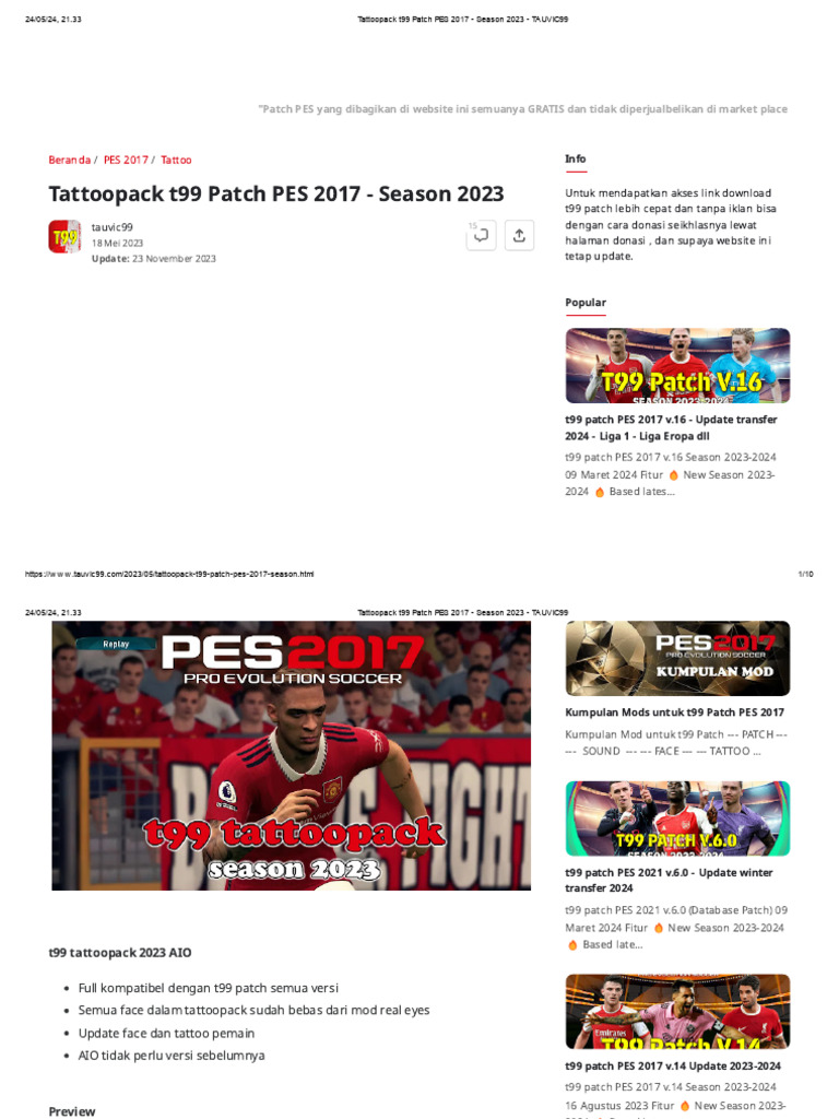 Tattoopack t99 Patch PES 2017 - Season 2023 - TAUVIC99 | PDF Tattoopack t99 Patch PES 2017 - Season 2023 - TAUVIC99 | PDF