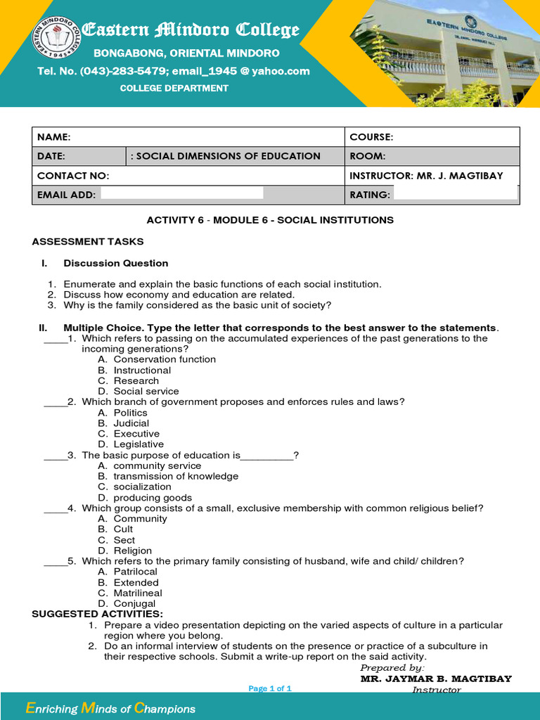 Functions of Social Institutions | PDF | Family | Institution
