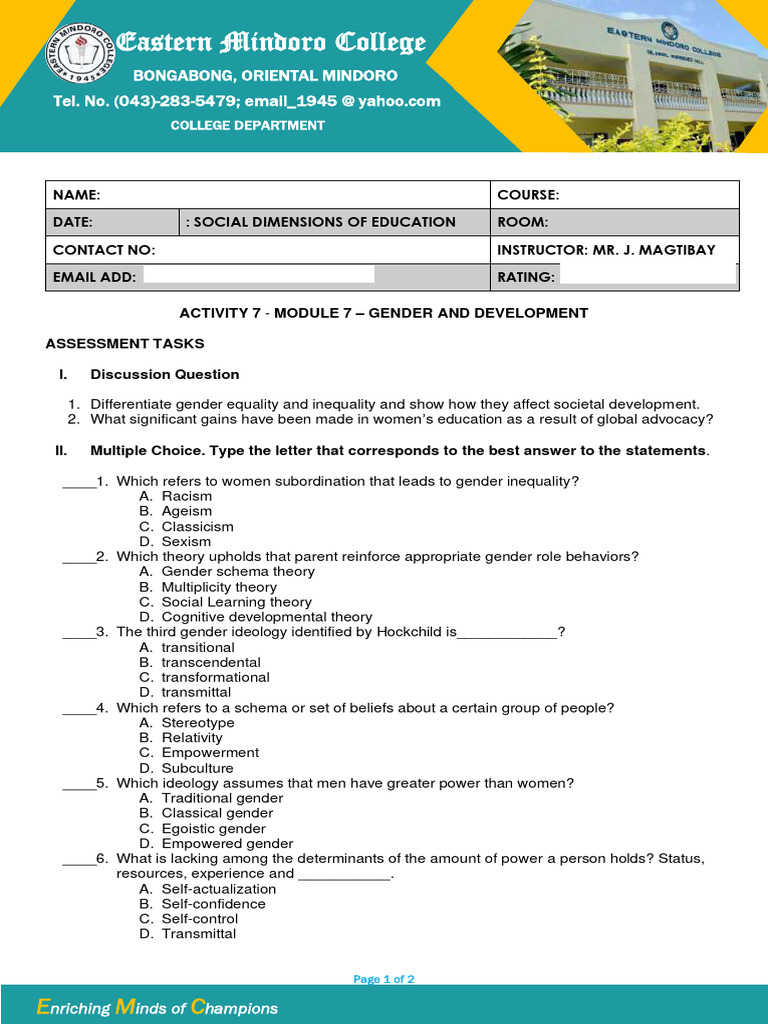SDE-ACTIVITY 7-MODULE 7-GENDER AND DEVELOPMENT | PDF | Gender | Gender Studies