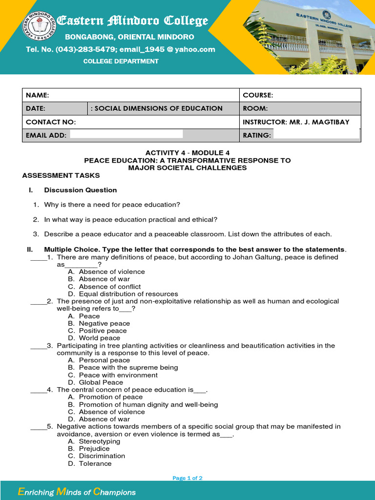 Sde-Activity 4-Module 4-Peace Education-A Transformative Response To ...