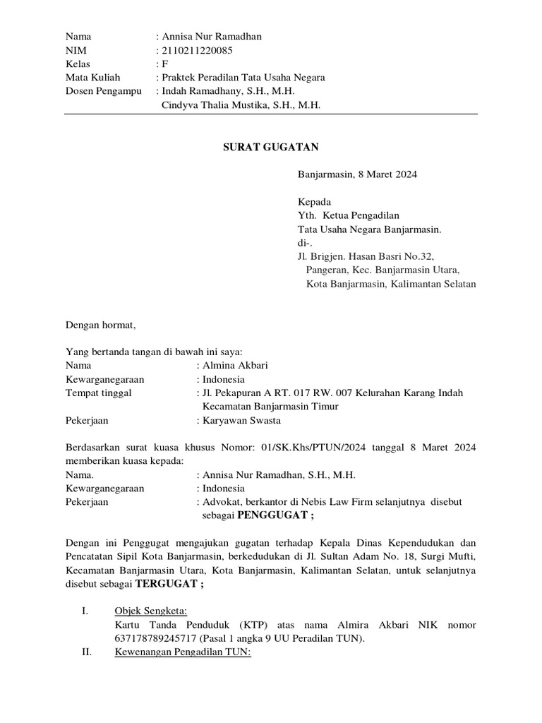 Surat Gugatan Peradilan Tata Usaha Negara | PDF | Ilmu Sosial | Hukum