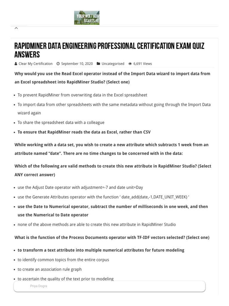 RapidMiner Data Engineering Professional Certification Exam Quiz Answers | PDF | Databases ...