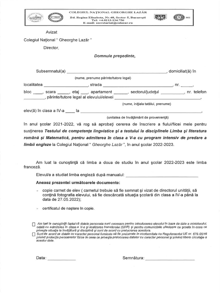 Cerere Inscriere Admitere Clasa A V A | PDF