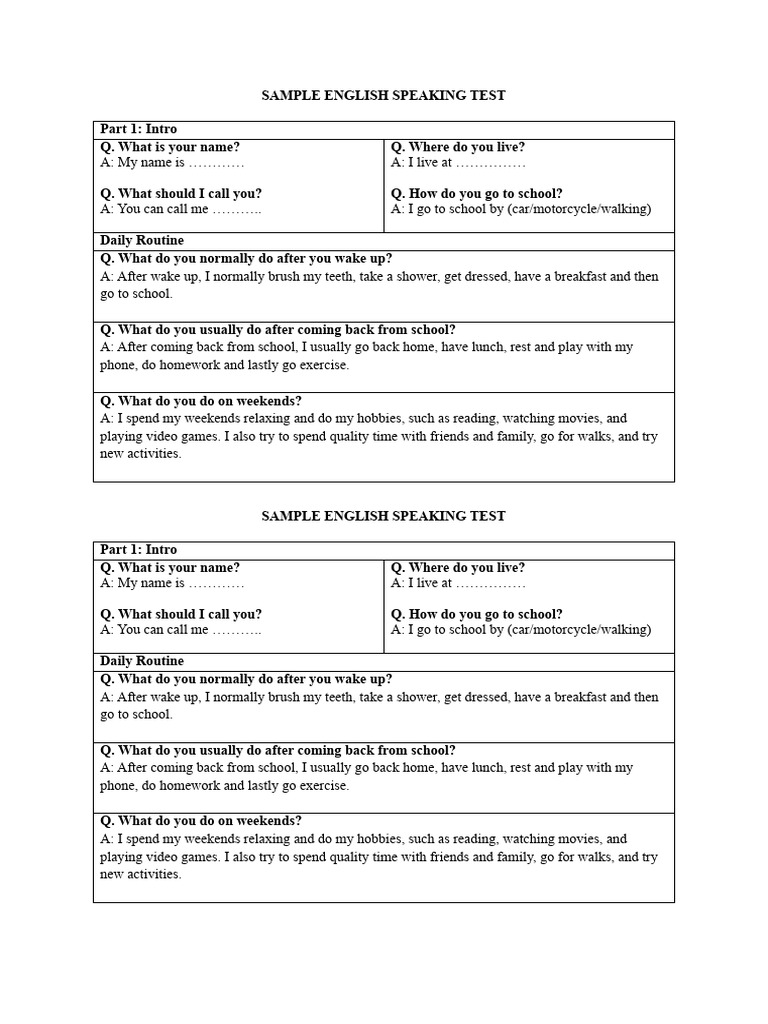 English Speaking Test Sample Questions | PDF | English Language ...