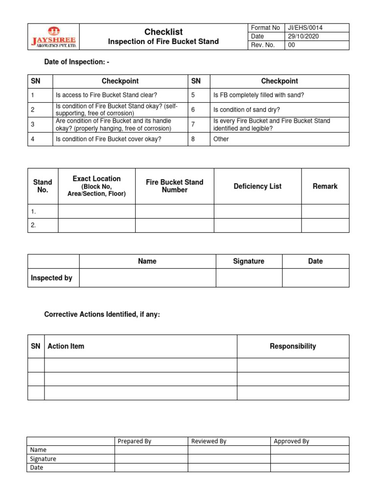 Checklist - Inspection of Fire Bucket Stand | PDF