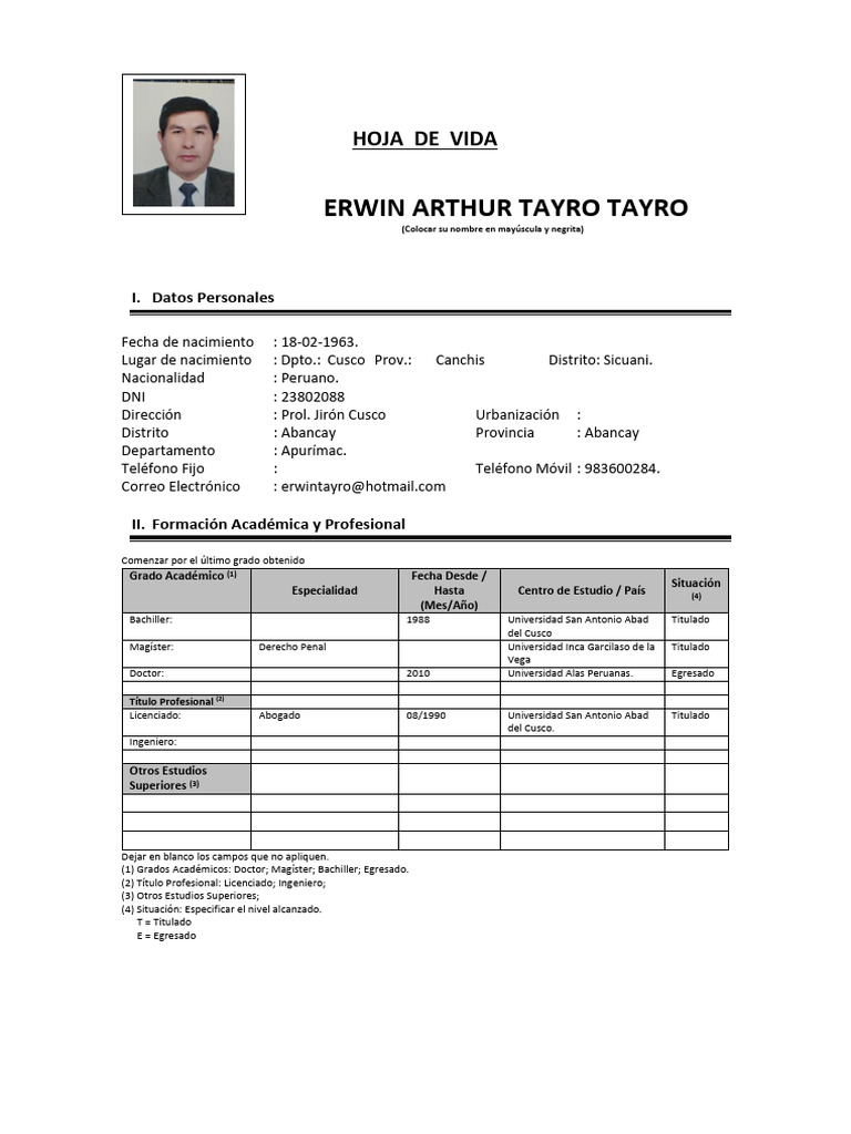Abancay e P Derecho Hoja de Vida Tayro Tayro Erwin Arthur | PDF | Tesis ...