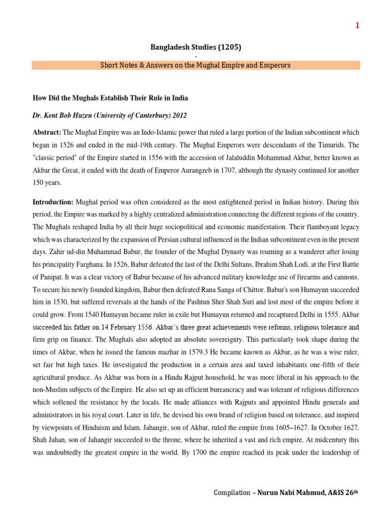 1205 Short Answer on Mughals | PDF | Mughal Empire