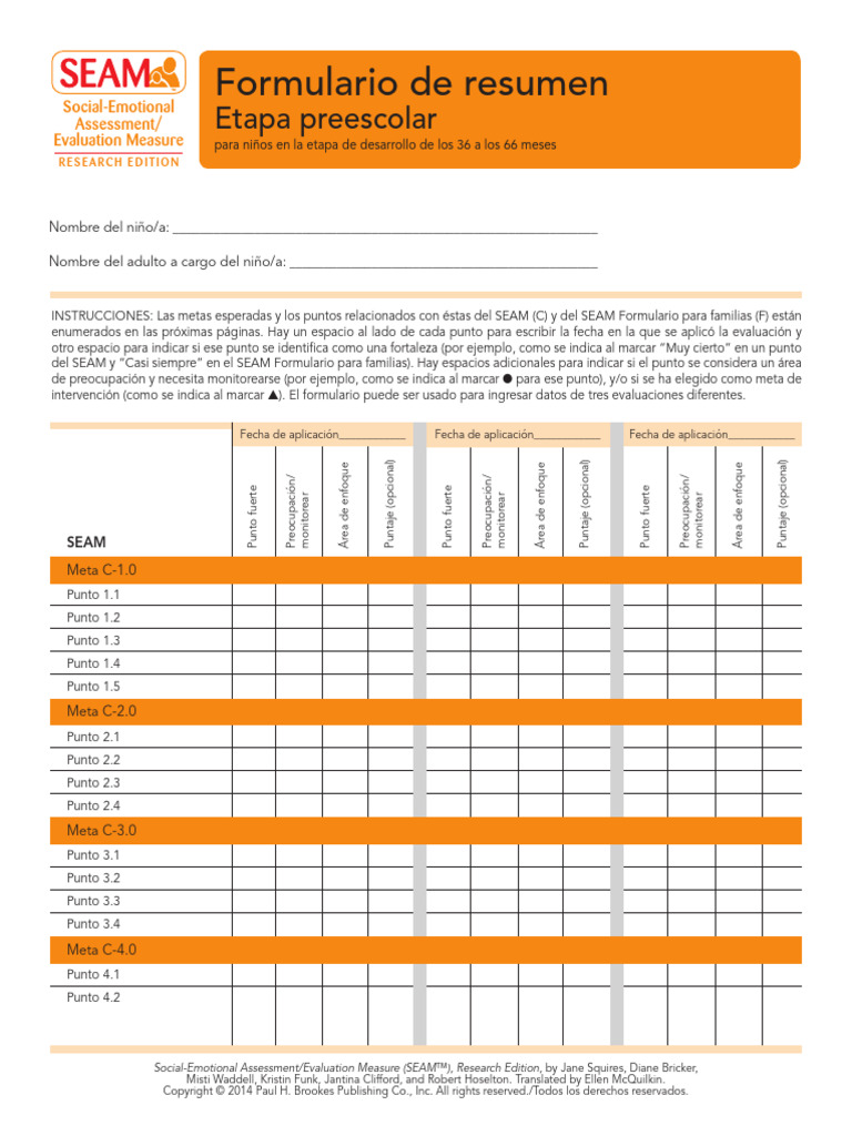 SEAM Formulario de Resumen Etapa Preescolar | PDF