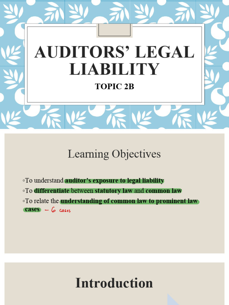 TOPIC 2B - Auditors' Legal Liability New | PDF | Negligence | Audit