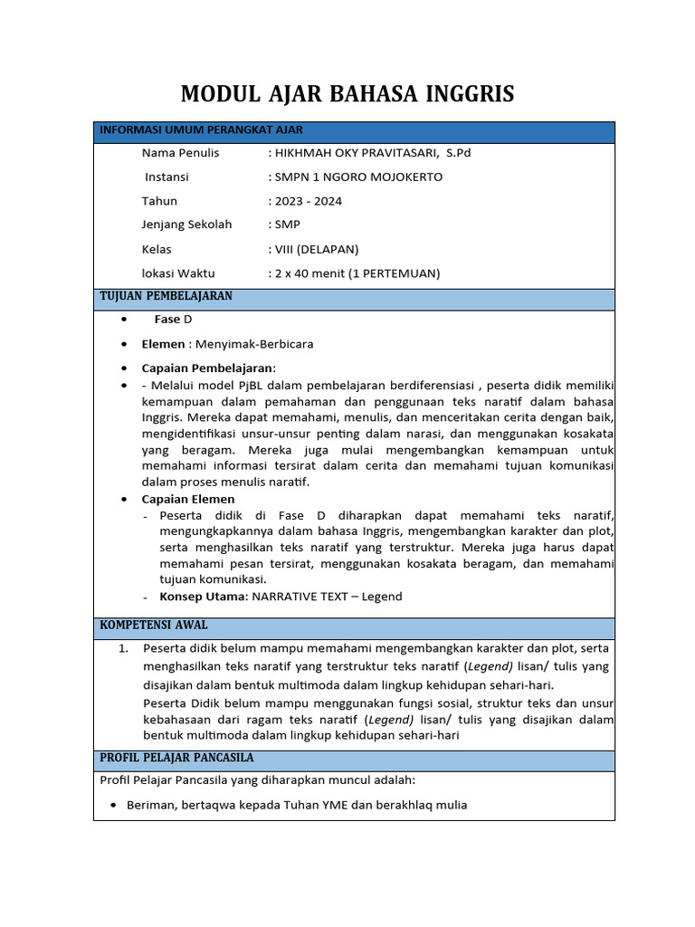 Modul Ajar Kse Dan Berdiferensiasi English 8 Semester 1 Narrative Text Oky | PDF