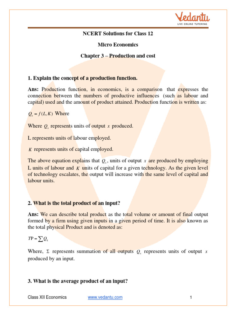 NCERT Solutions For Class 12 Micro Chapter 3 - Production and Costs - . | PDF | Average Cost ...