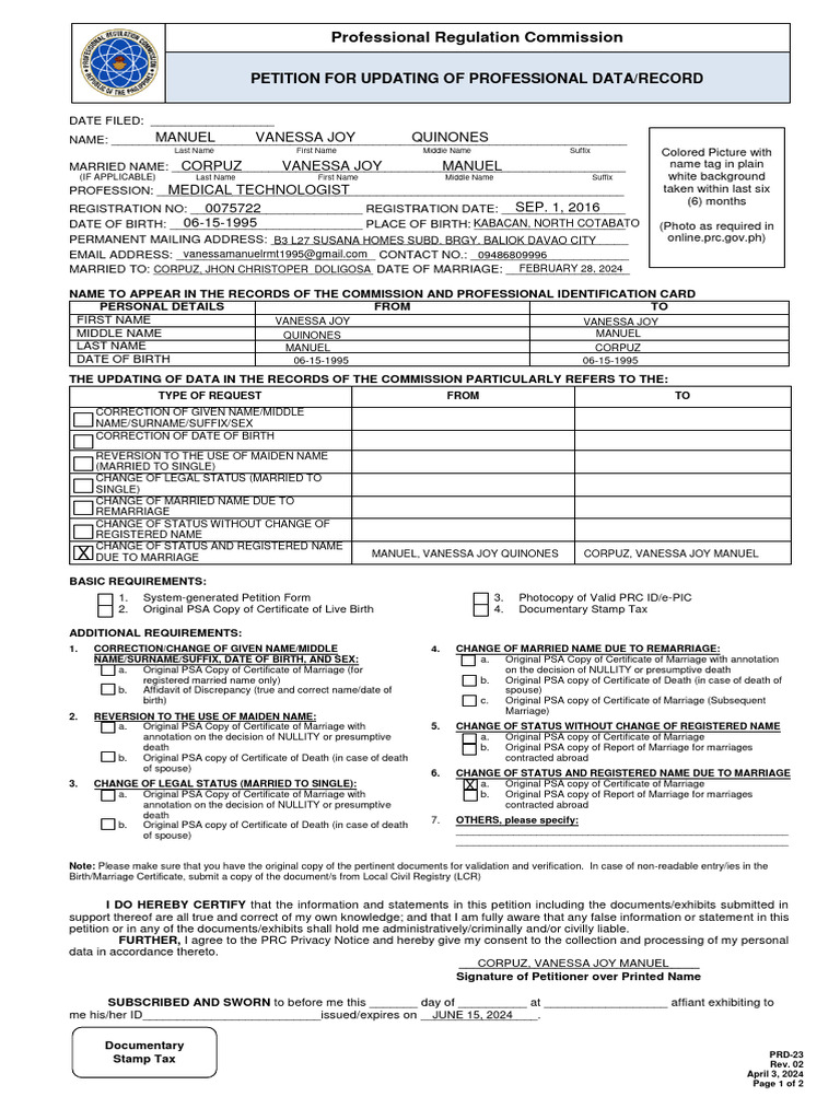 PRD-23 Rev 02 Petition For Updating of Professional Data-Record - April ...