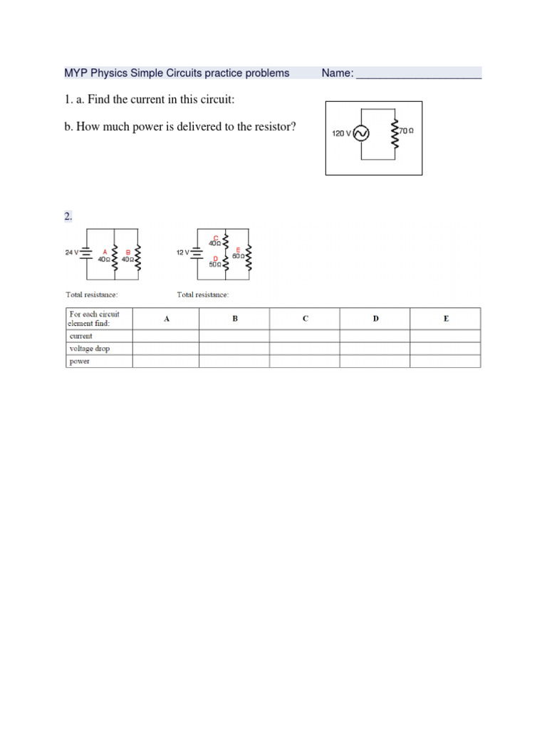 MYP Physics Circuit Exercises | PDF