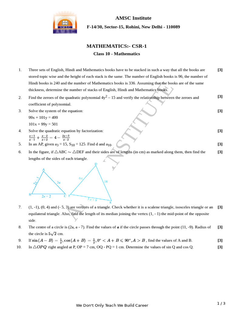 Class X Maths CSR-1 | PDF | Triangle | Area