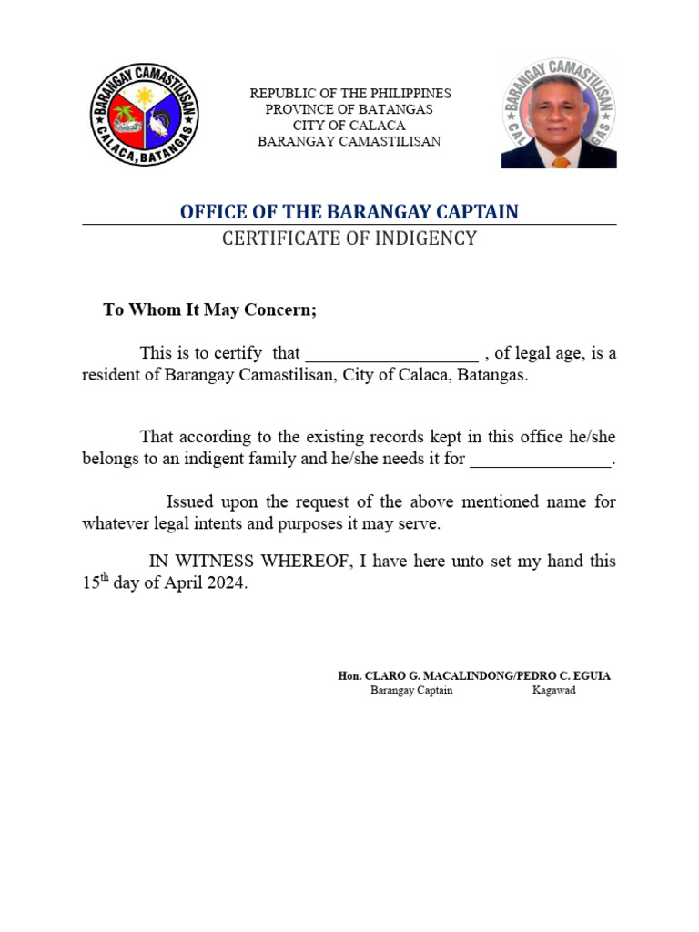 Certificate of Indigency - Calaca, Batangas | PDF