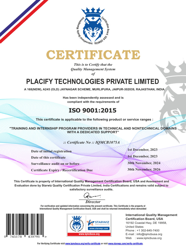 Certificate: Placify Technologies Private Limited | PDF