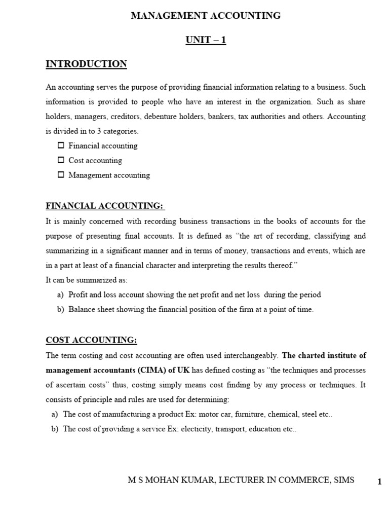 Management Accounting Unit-1 | PDF | Accounting | Management Accounting