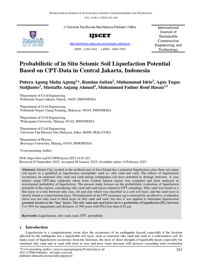 Probabilistic of in Situ Seismic Soil Liquefaction Potential Based On CPT-Data in Central ...
