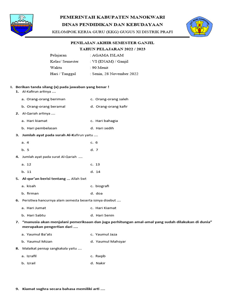 Soal Pas Pai SD Kelas 6 | PDF