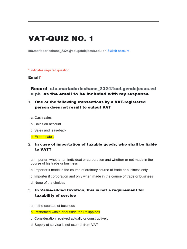 Vat-Quiz No. 1: Record As The Email To Be Included With My Response ...