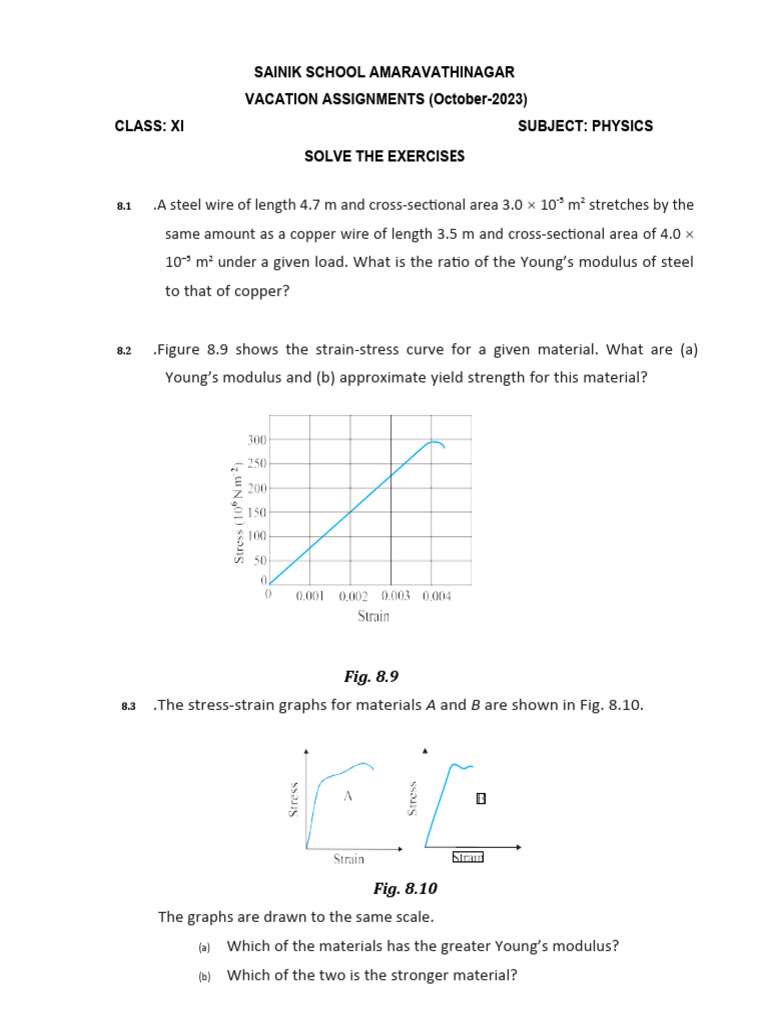 11th Physics Vacation Assignment | PDF | Young's Modulus | Pressure
