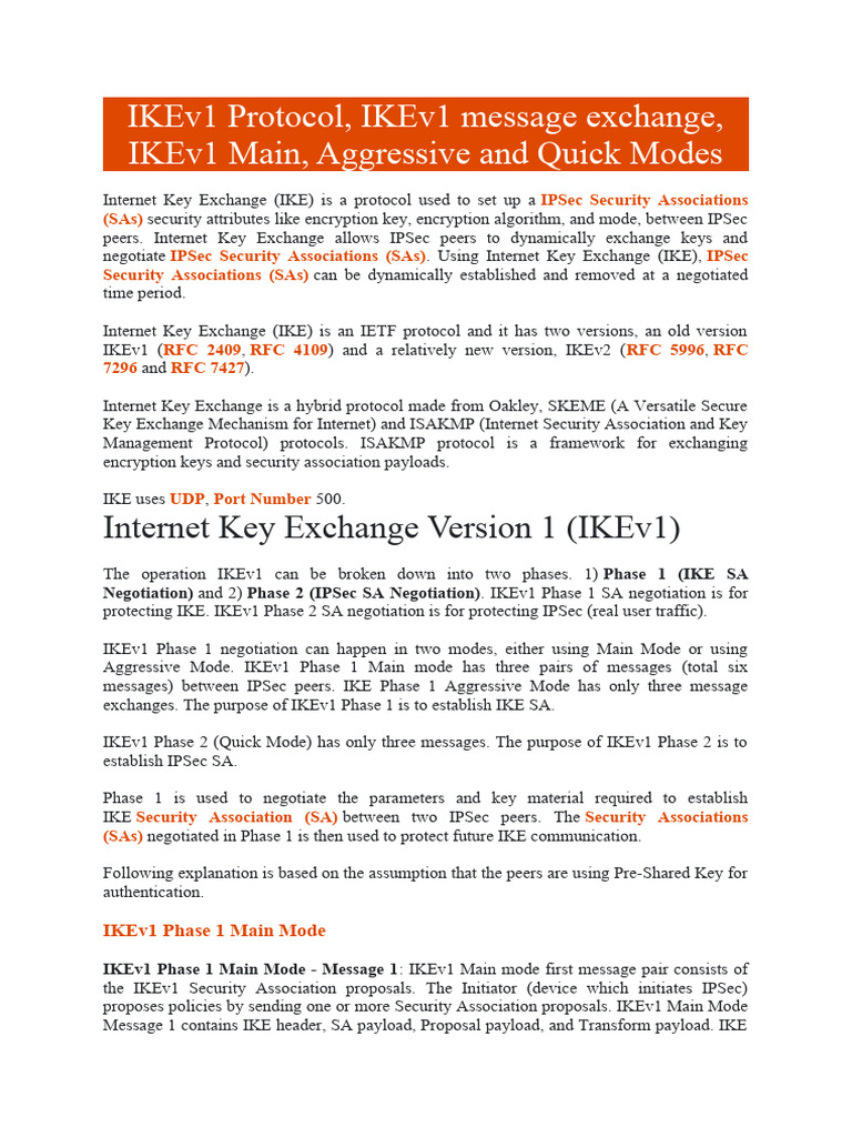 IKEv1 Protocol: Modes and Message Exchange | PDF | Computer Science ...