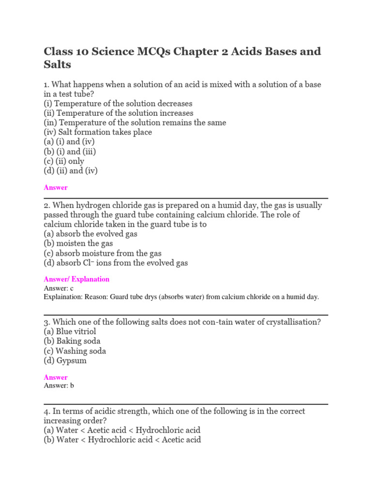Class 10 Science MCQs Chapter 2 Acids Bases and Salts | PDF | Acid | Salt (Chemistry)