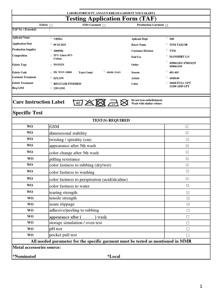 Testing Application Form (TAF) : Specific Test | PDF | Textiles | Materials