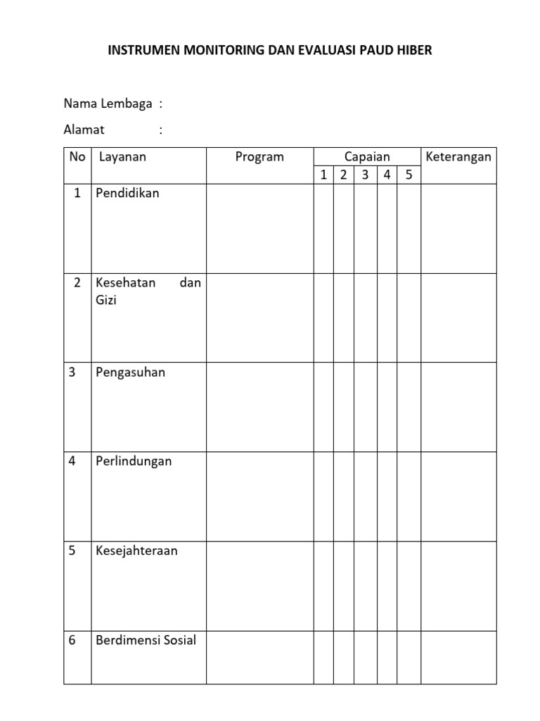 INSTRUMEN MONEV PAUD HIBER | PDF