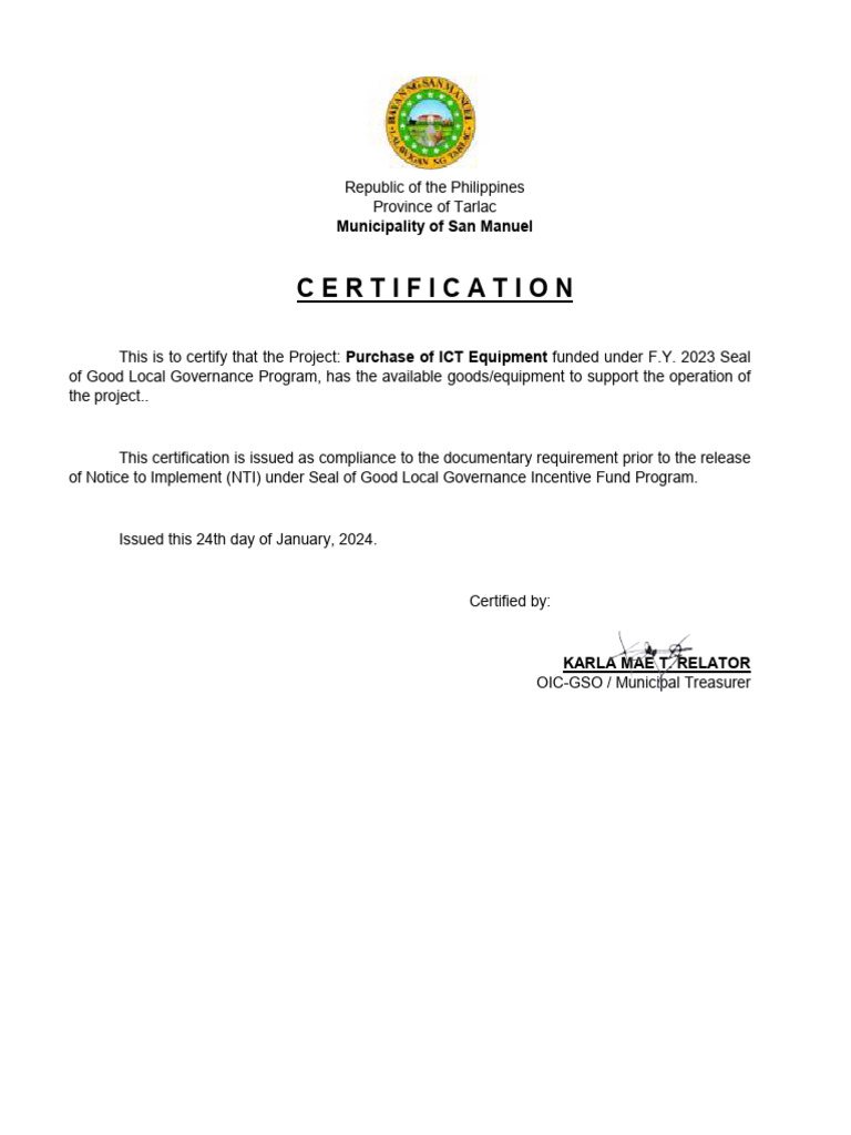 Certification for ICT Equipment Purchase | PDF