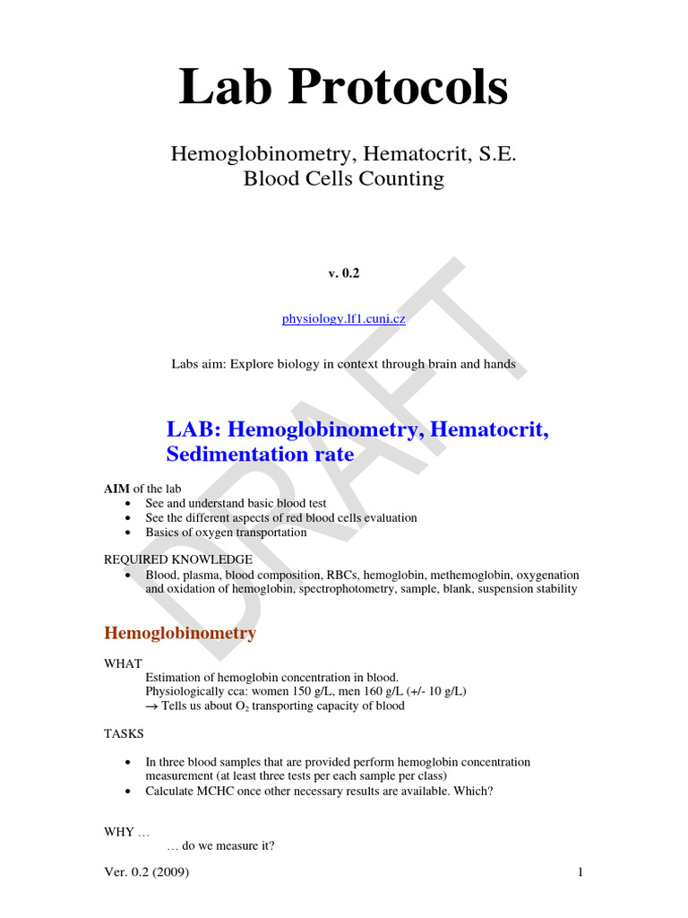 lab-protocols-hemoglobinometry-hematocrit-sedimentation | PDF | Red Blood Cell | Anemia