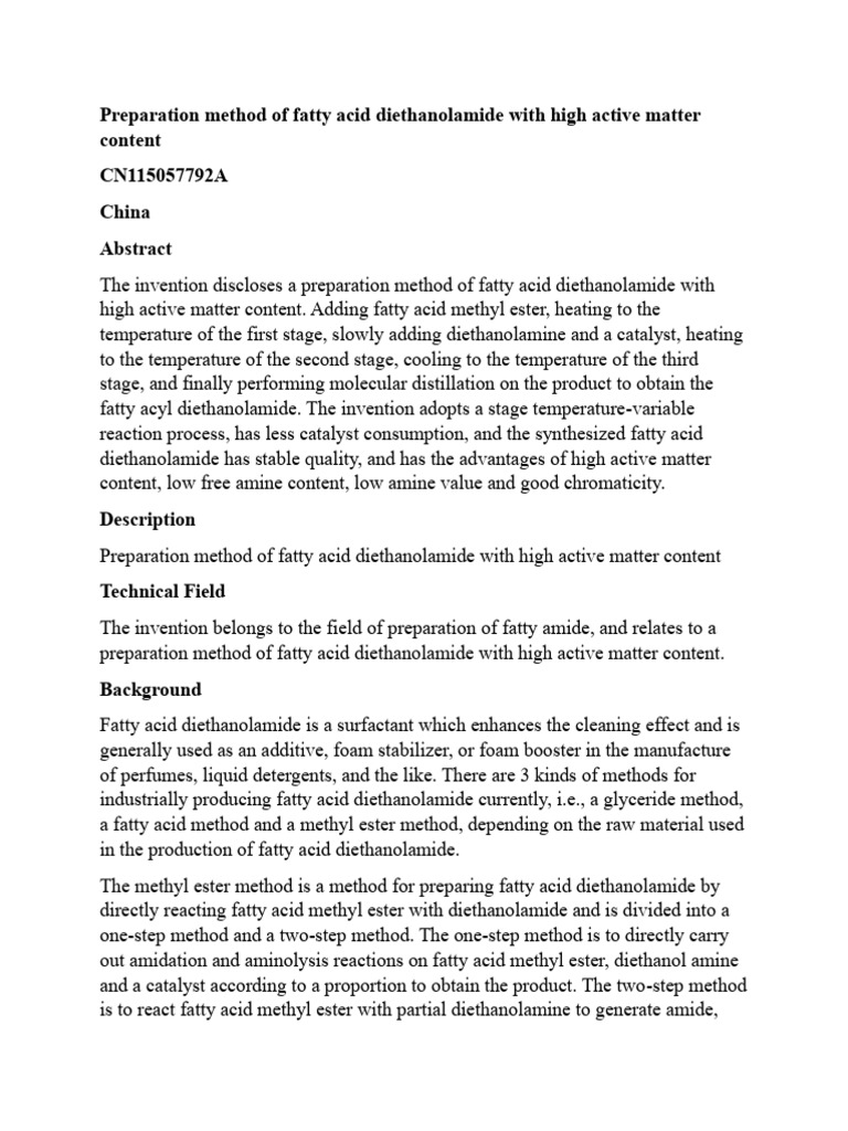 High Active Fatty Acid Diethanolamide Method | PDF | Ester | Fatty Acid