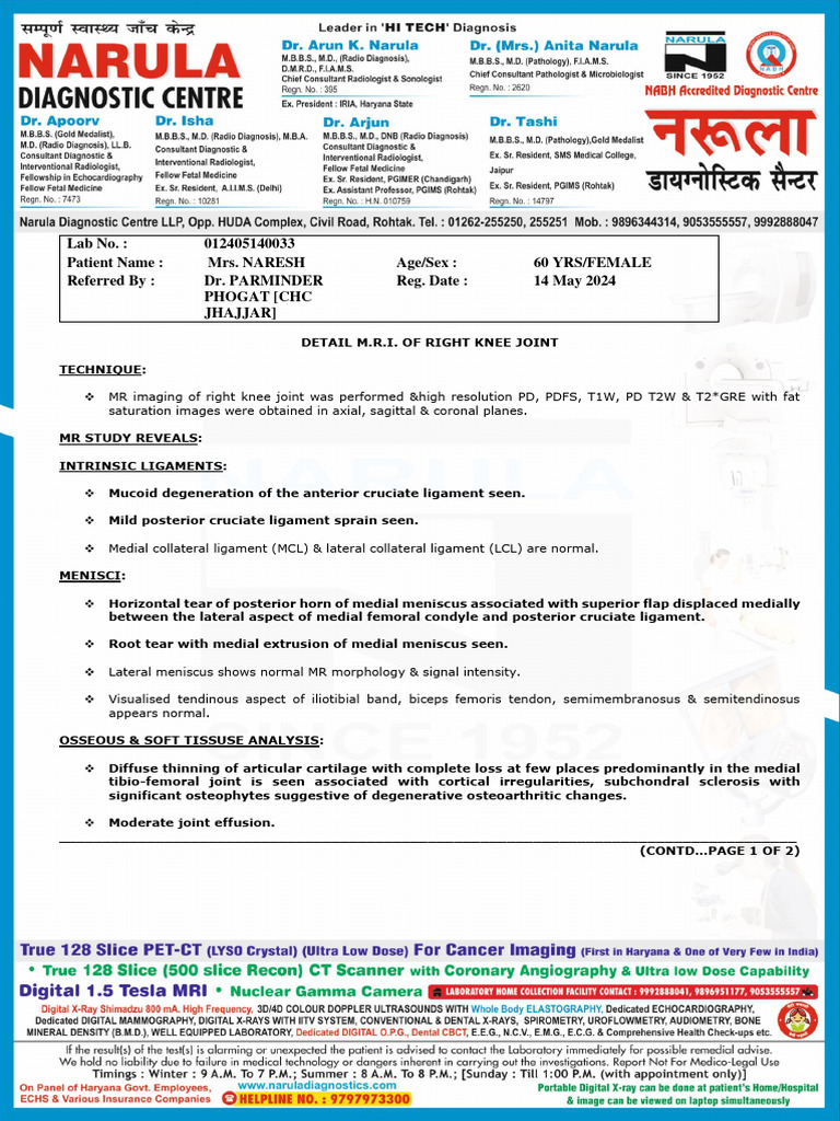 14.05.2024 naresh 60f mri right knee | PDF | Knee | Musculoskeletal System