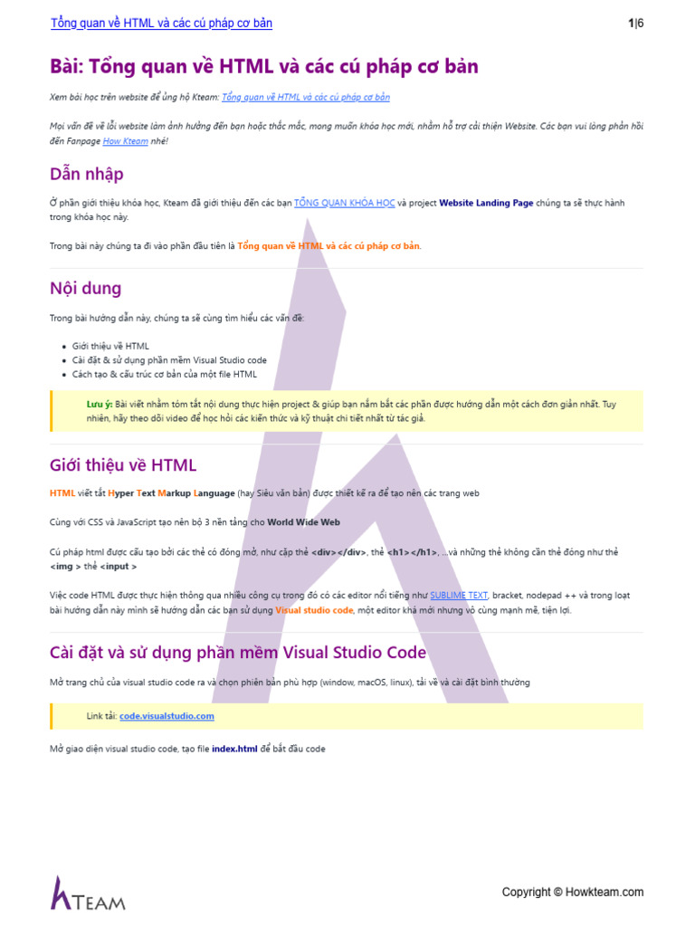 HOWKTEAM.VN - Tổng quan về HTML và các cú pháp cơ bản | PDF