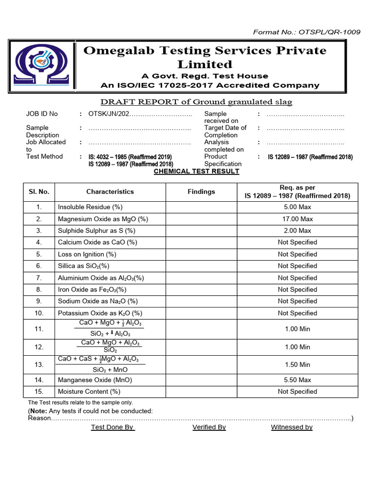 QR-1009 Granulated Slag As Per Is 12089 | PDF | Aluminium Oxide ...