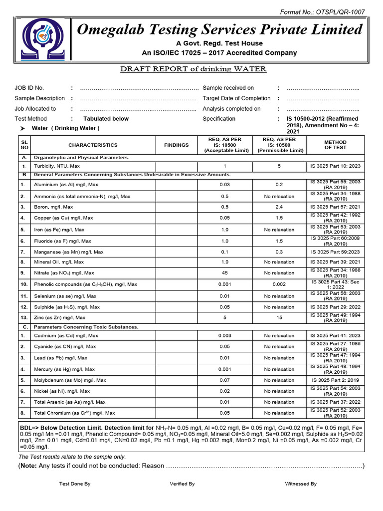 QR-1007 Drinking Water 14.03.2024 | PDF | Manganese | Zinc