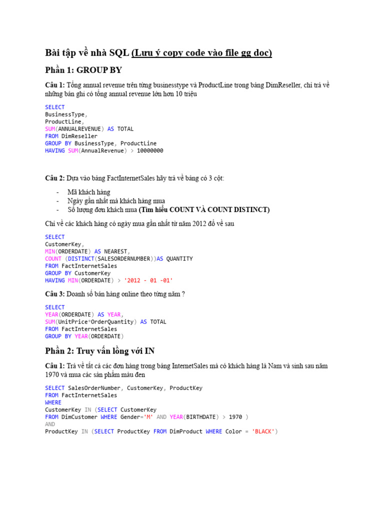Bài tập về nhà SQL | PDF