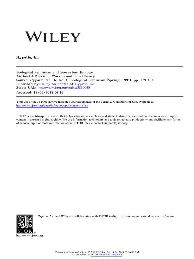 Ecological Feminism and Ecosystem Ecology Karen Warren and Jim Cheney ...